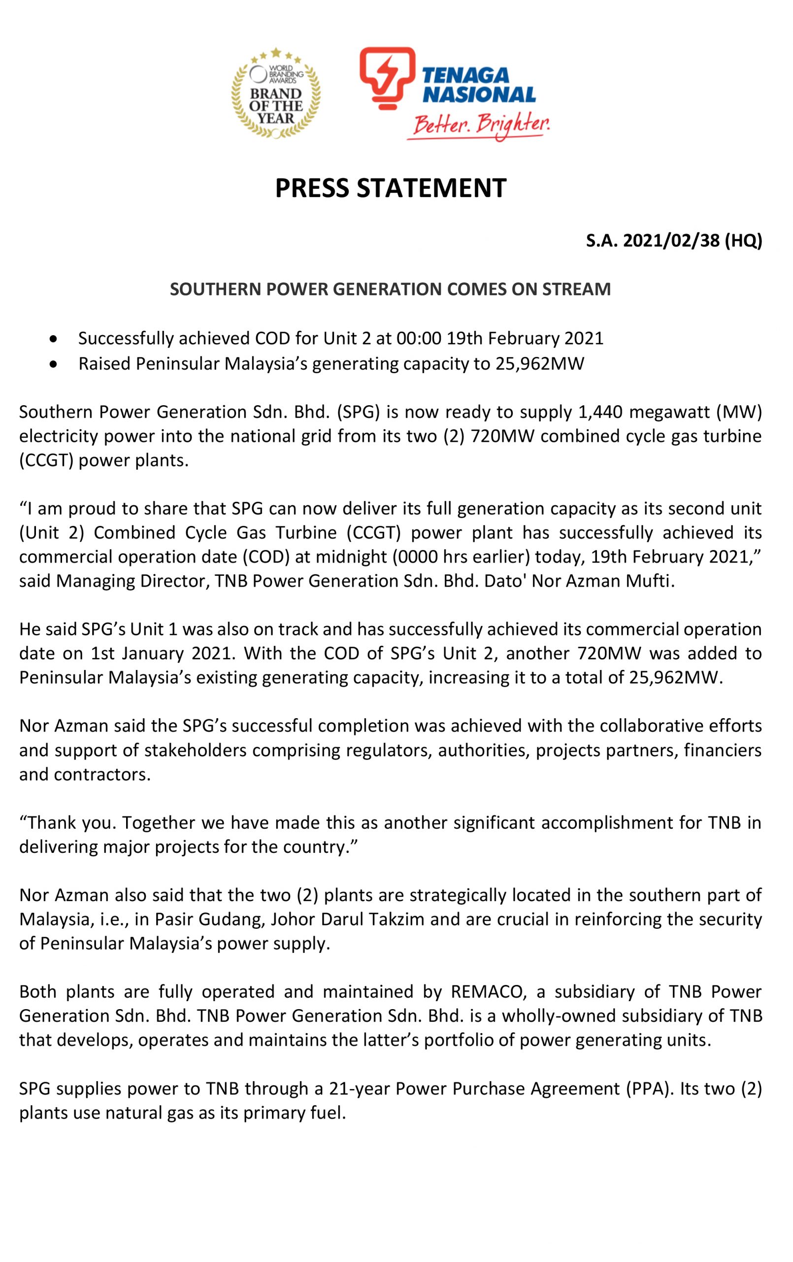 Press Statement-Southern Power Generation Comes On Stream - TNB Genco